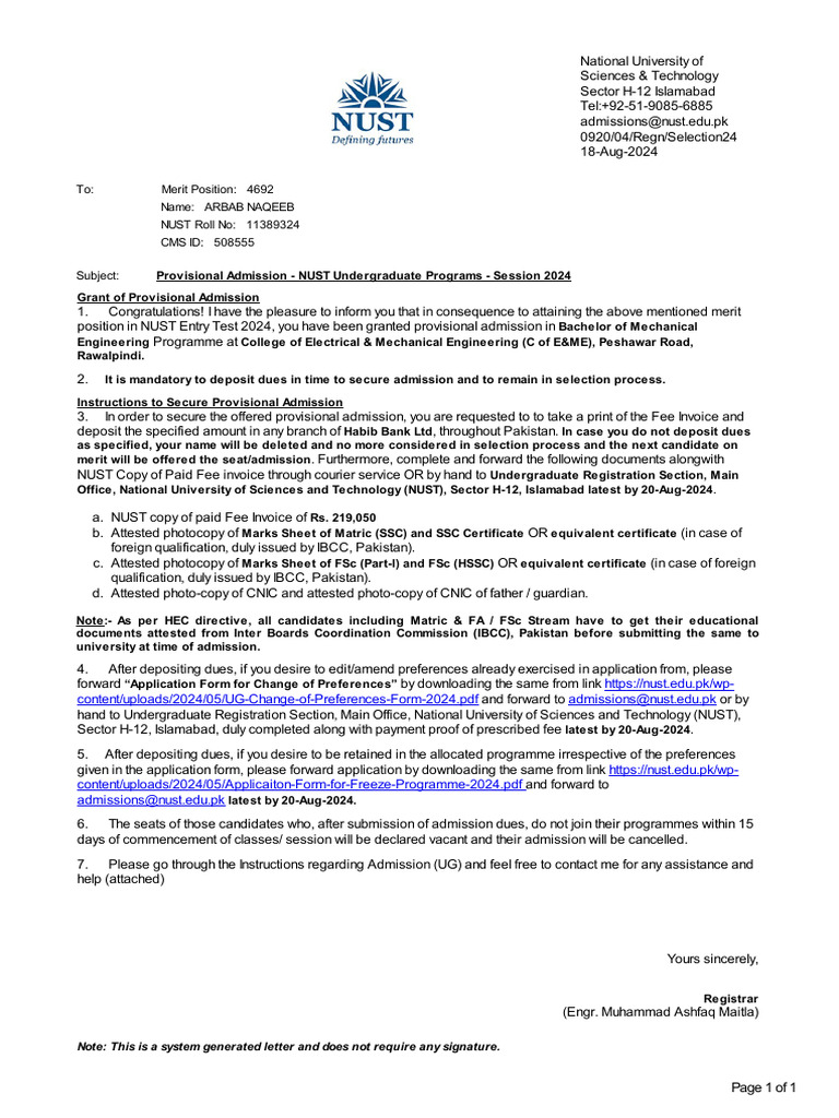 Selection Letter | PDF