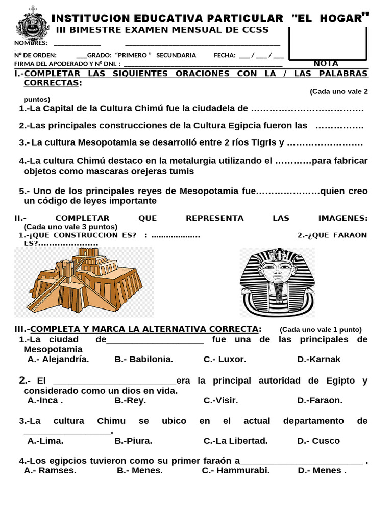 Modelo de Examen CCSS 1 Sec | PDF