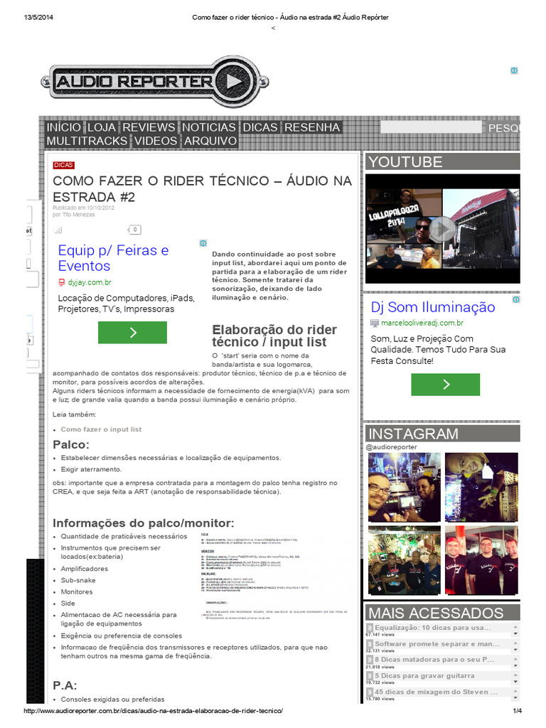 Como Fazer o Rider Técnico - Áudio Na Estrada #2 Áudio Repórter | PDF