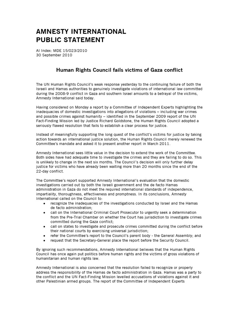 Amnesty International Public Statement: Human Rights Council Fails ...