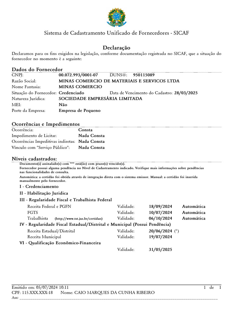 Certidão Sicaf | PDF