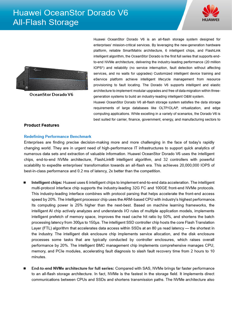 Huawei OceanStor Dorado V6 All-Flash Storage Data Sheet - 2019 | PDF | Solid State Drive | Backup