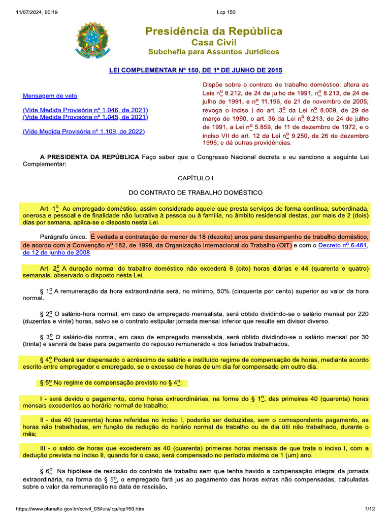 Lei Complementar #150 de 2015 - Trabalho Doméstico | PDF