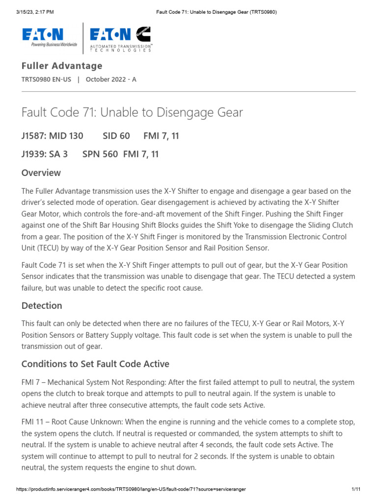 Fault Code 71_ Unable to Disengage Gear (TRTS0980) | PDF