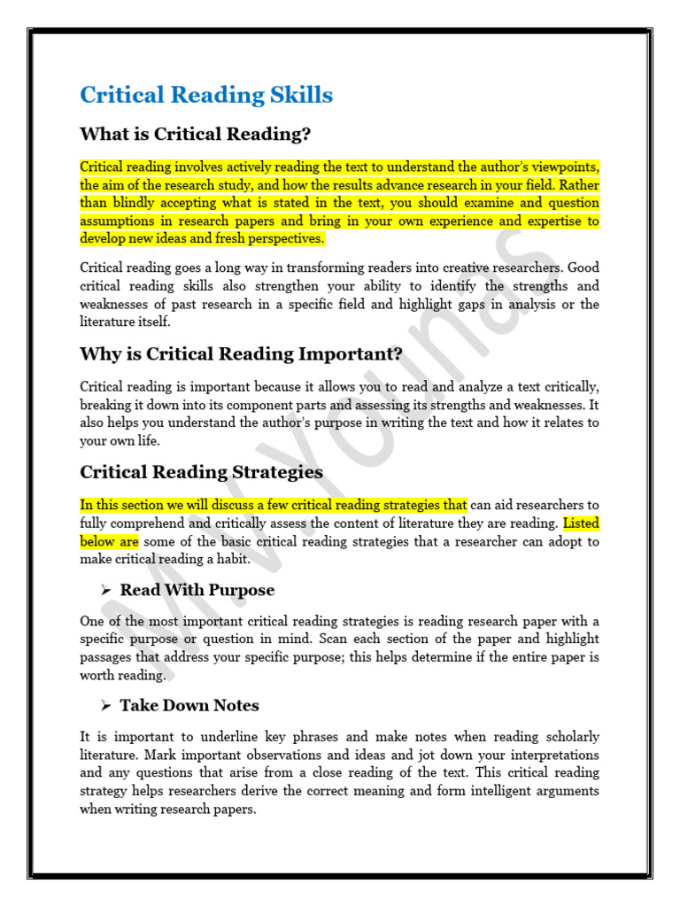 Critical Reading Skill | PDF