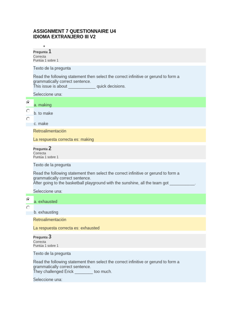 ASSIGNMENT 7 QUESTIONNAIRE U4 | PDF