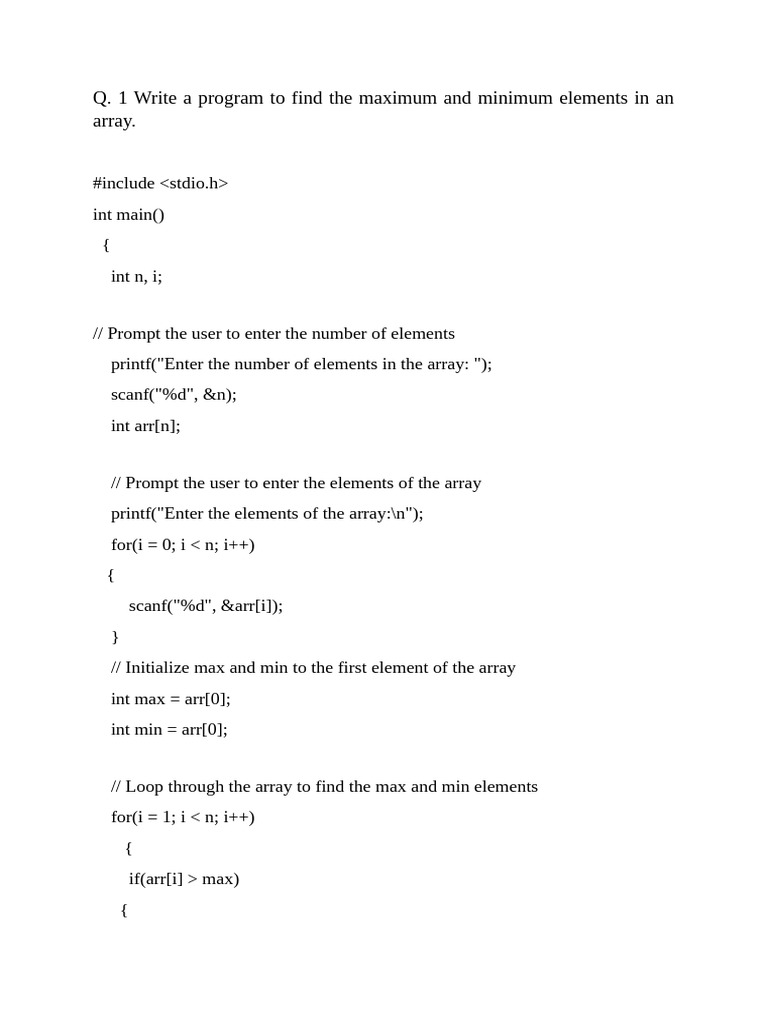 Q. 1 Write A Program To Find The Maximum and Minimum Elements in An Array | PDF