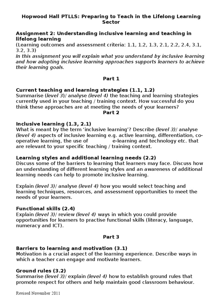 Revised New PTLLS Assignment 2 Levels 3 and 4 Nov 2011 | Download Free ...