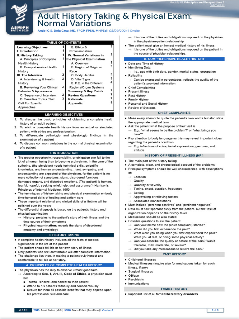 (01.11) Adult History Taking & Physical Exam - Normal Variations V2 | PDF