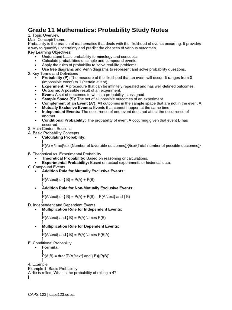 Grade 11 Probability Study Notes | PDF | Probability | Finance & Money ...