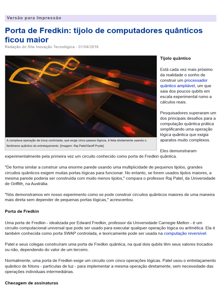 Porta de Fredkin - Tijolo de Computadores Quânticos Ficou Maior | PDF