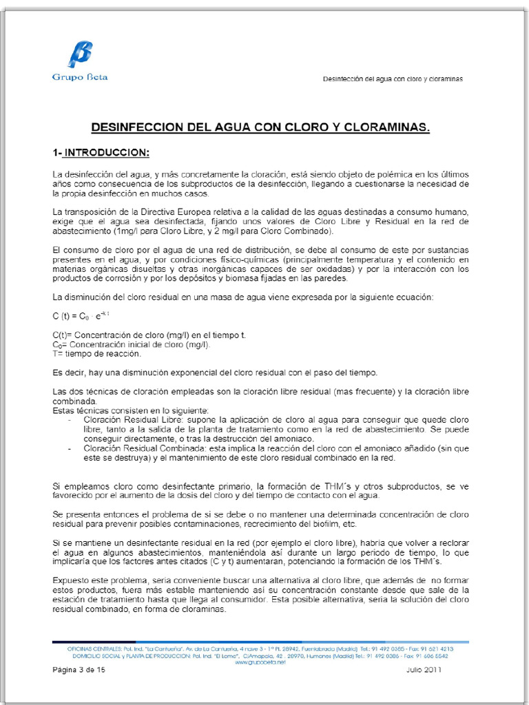 Desinfeccion Del Agua Con Cloro Y Cloraminas Pdf Descargar Libre Pdf