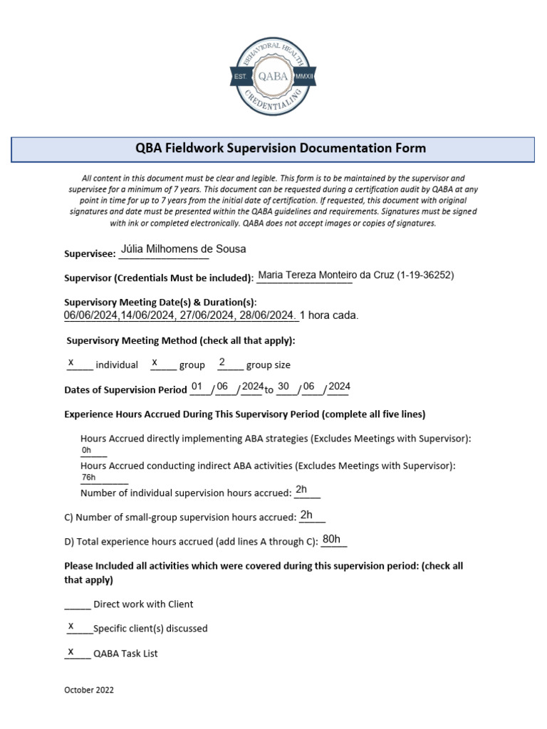 JUNHO 2024 QBA Supervisor Fieldwork Documentation Verification Form | PDF