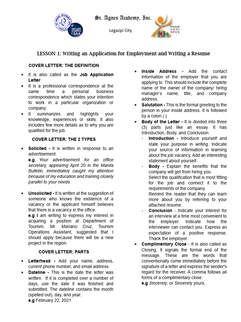 Lesson 1 - Cover Letter and Resume | PDF