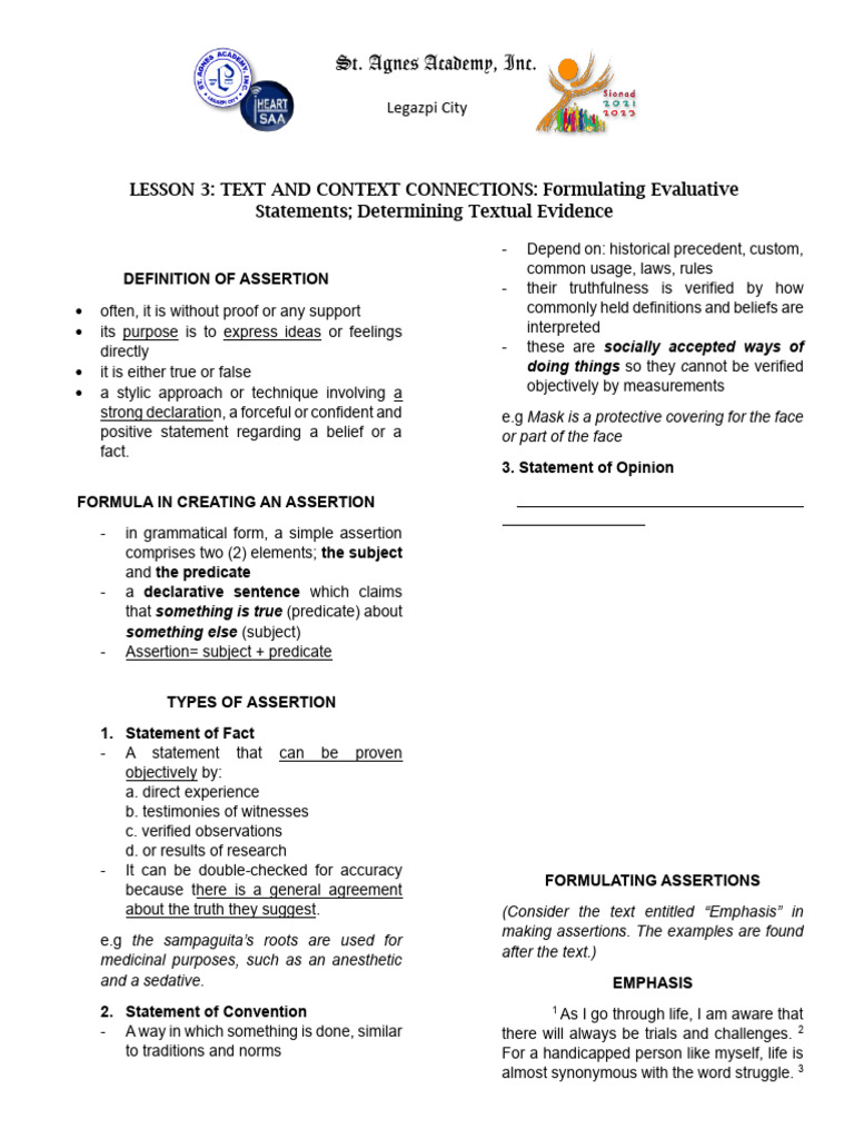 Lesson 3 - Formulating Evaluative Statements - Determining Textual ...