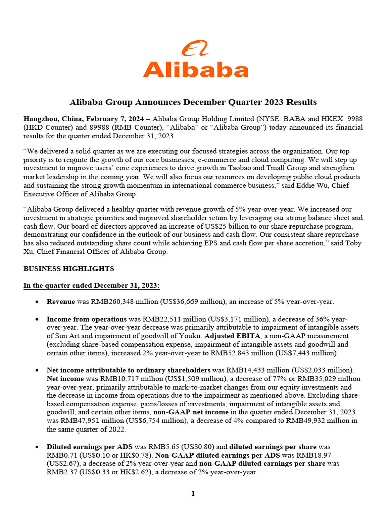 Alibaba Group Announces December Quarter 2023 Results | PDF