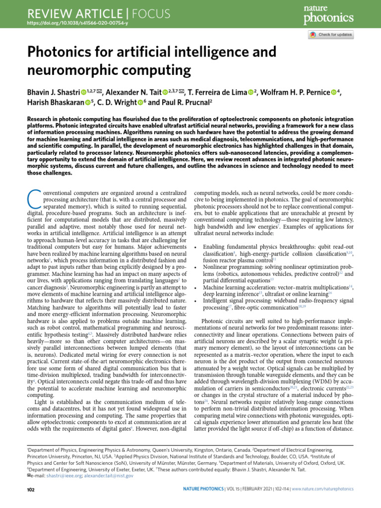 Photonics For Artificial Intelligence and Neuromorphic Computing | PDF