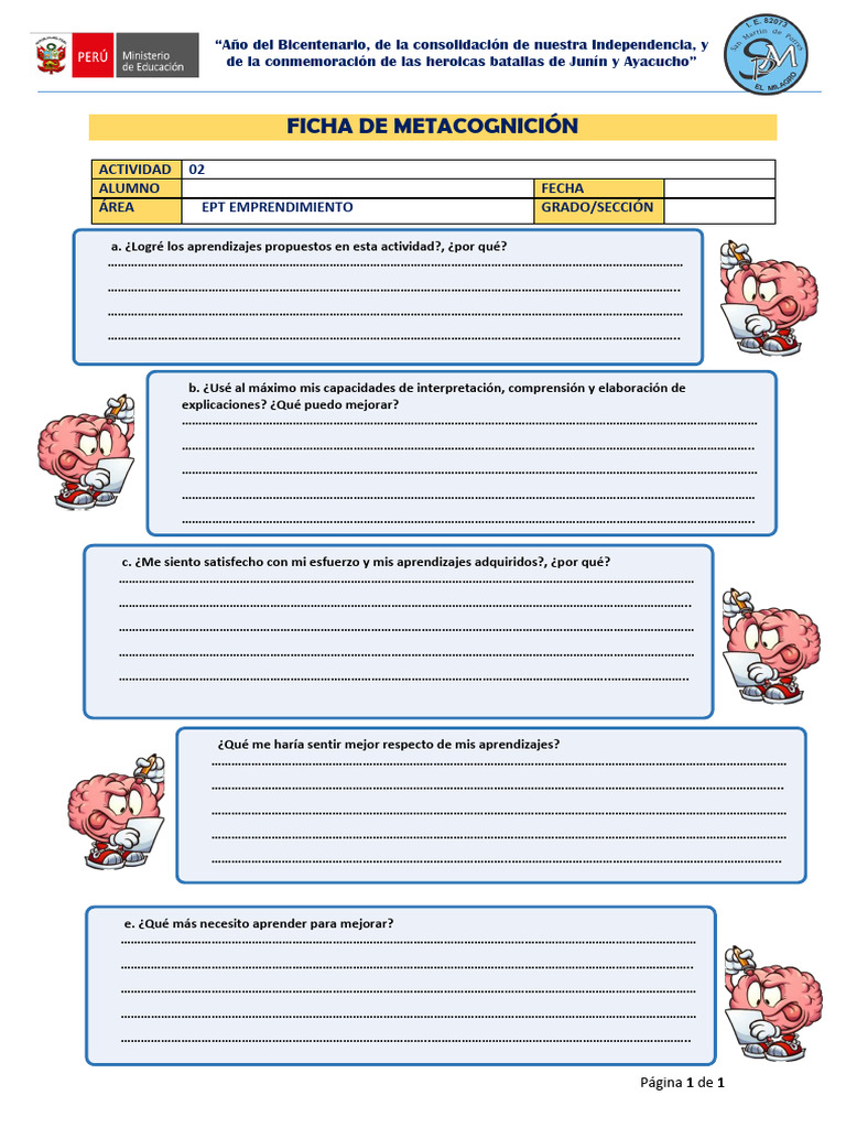 Ept Emprendimiento 1° 2° - Ficha de Metacognición | PDF
