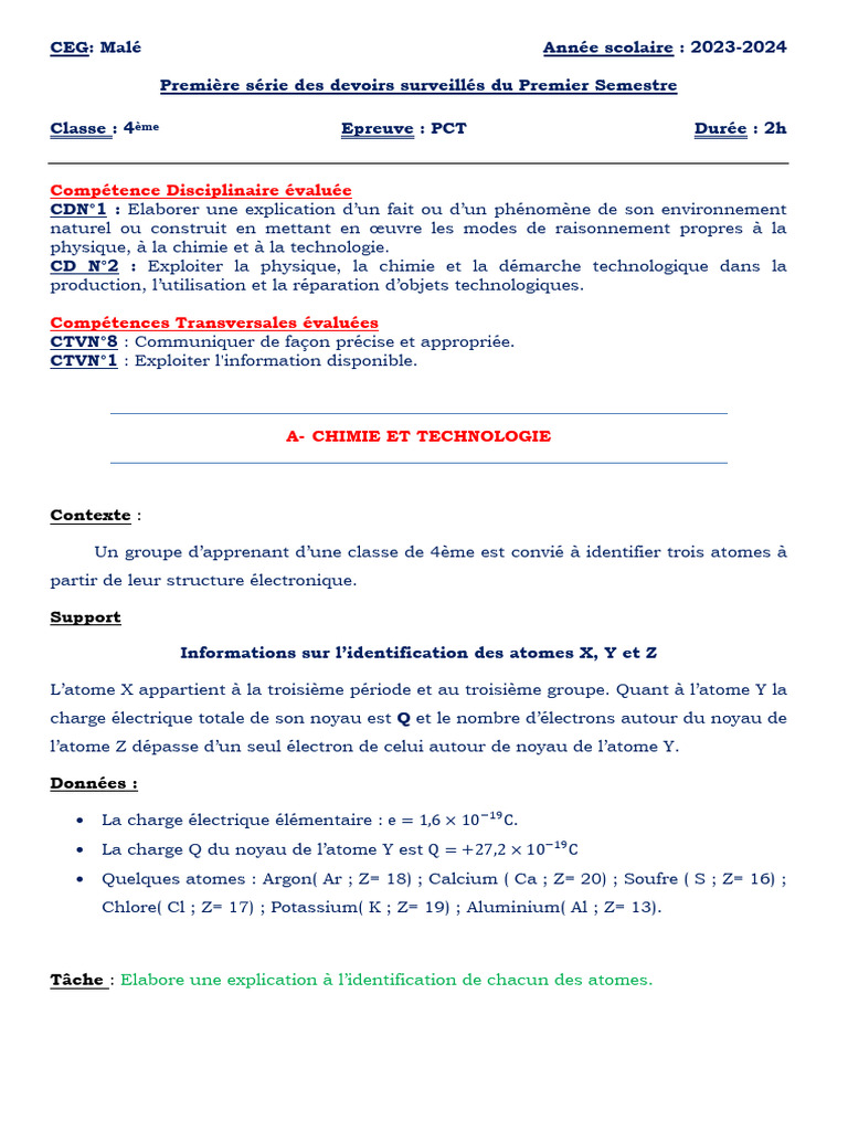1D1S 2023-2024 CEG MALE 4ème-1 | PDF