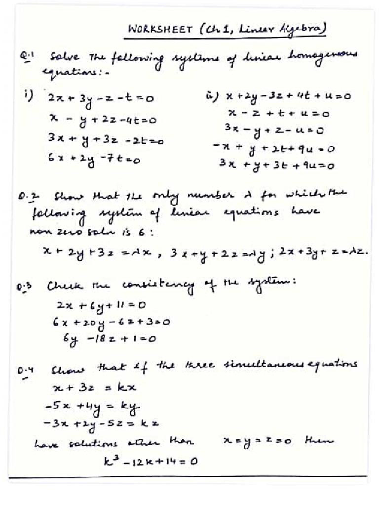 Worksheet Chapter-1 Linear Algebra | PDF Worksheet Chapter-1 Linear Algebra | PDF