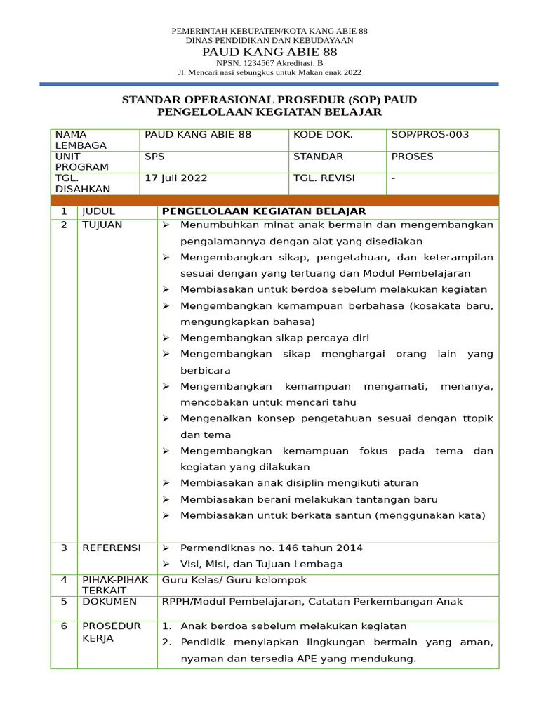 Sop Paud Pengelolaan Kegiatan Belajar Merdeka | PDF