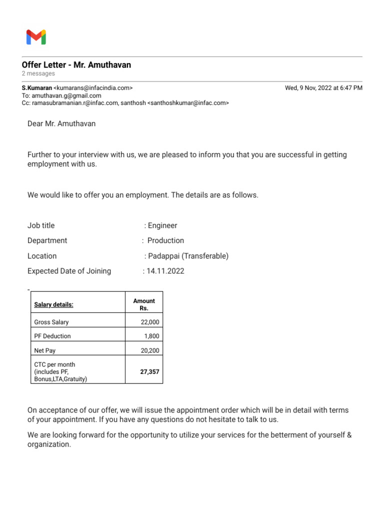 Gmail - Offer Letter - Mr. Amuthavan | PDF