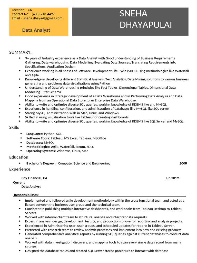 SNEHA DHAYAPULAI Data Analyst Resume | PDF