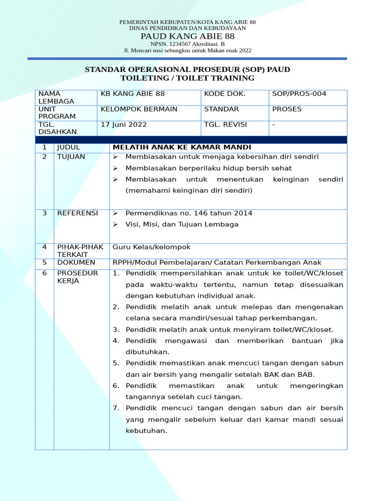 Sop Paud Toileting Melatih Anak Ke Toilet Merdeka | PDF