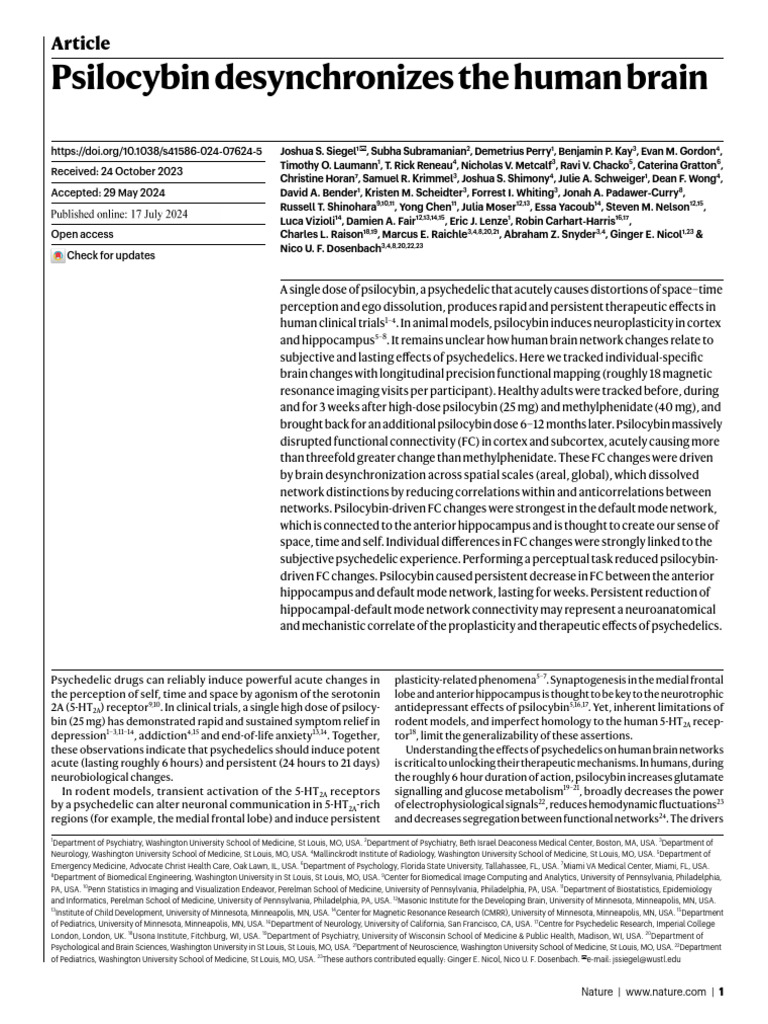 Psilocybin Desynchronizes The Human Brain: Article | PDF