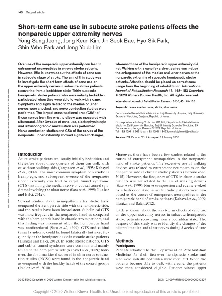 Short Term Cane Use in Subacute Stroke | PDF