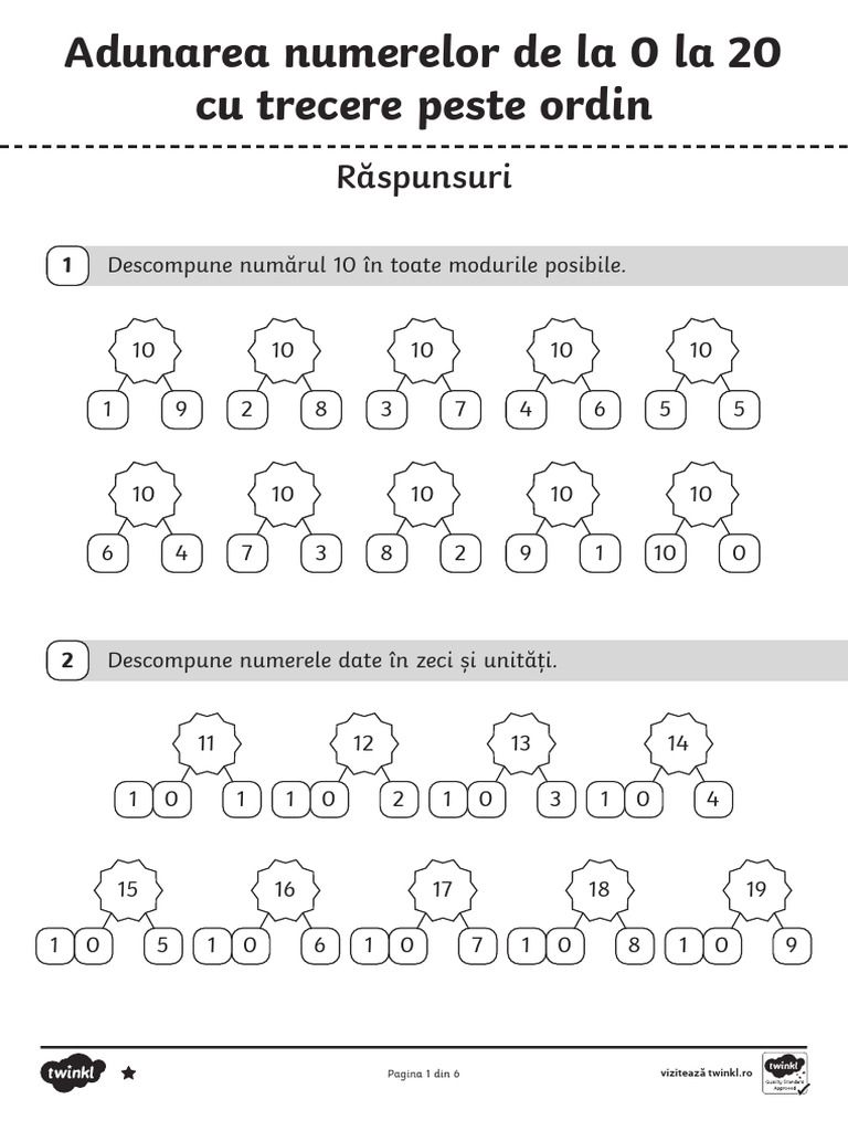 Clasa I Adunarea Numerelor 0-20 Cu Trecere Peste Ordin - Fise de Lucru ...