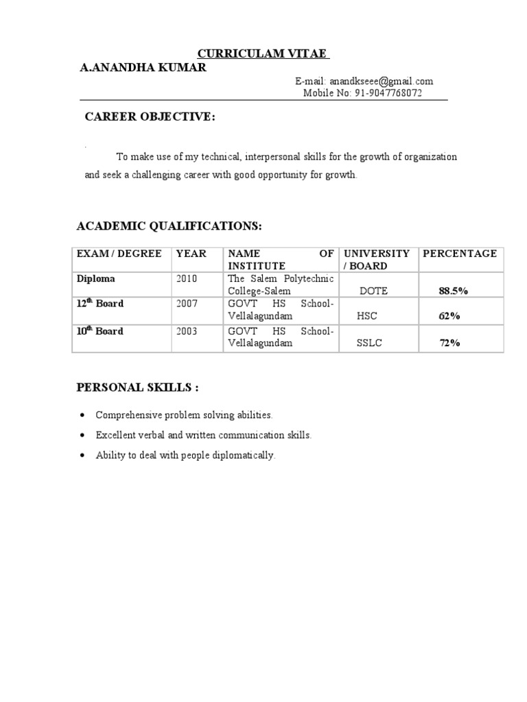 A. Anandha Kumar's CV and Skills Summary | PDF
