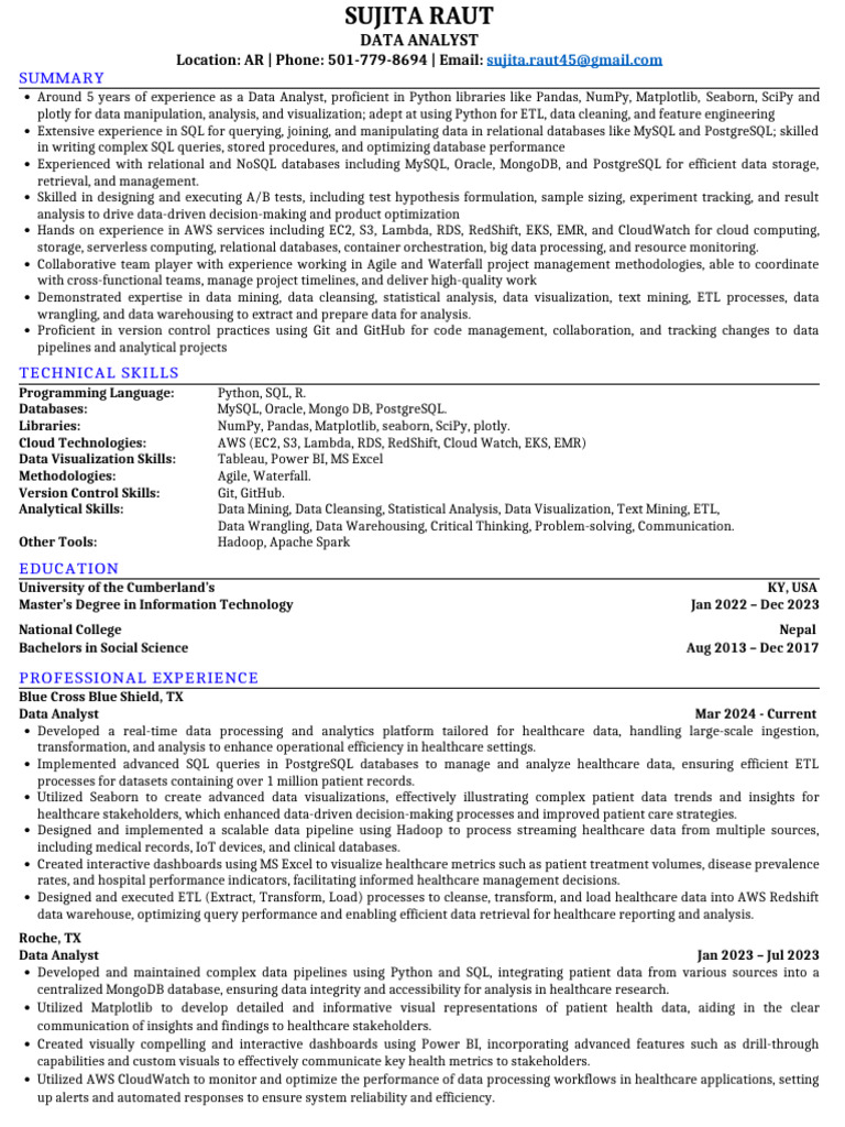 Sujita Raut - Resume 2 | PDF