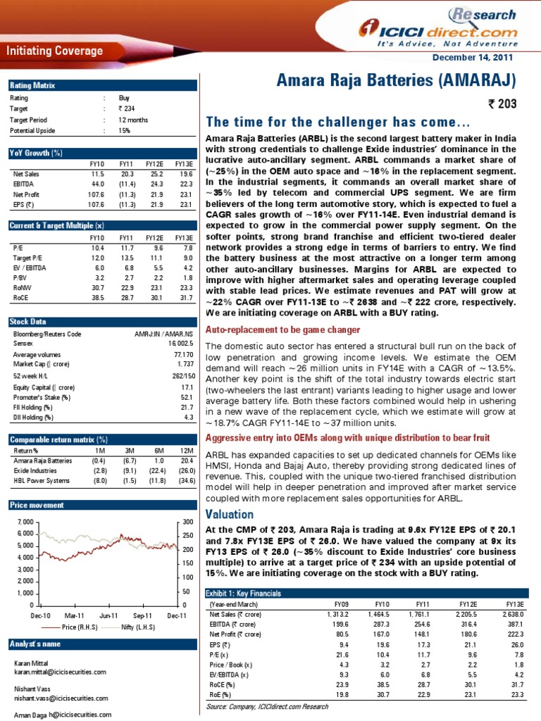 Amara Raja Batteries - Initiating Coverage ICICIdirect | PDF | Brand | Car