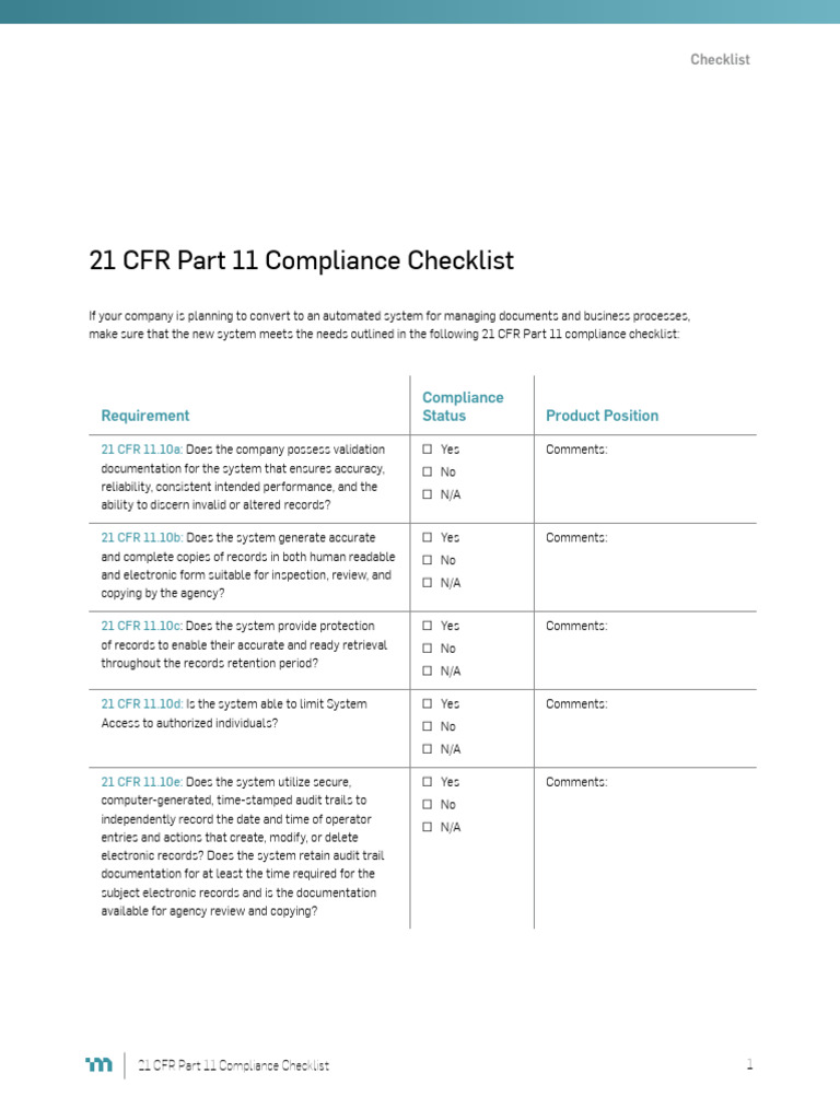 21 CFR Part 11 Compliance Checklist | PDF | Records Management ...