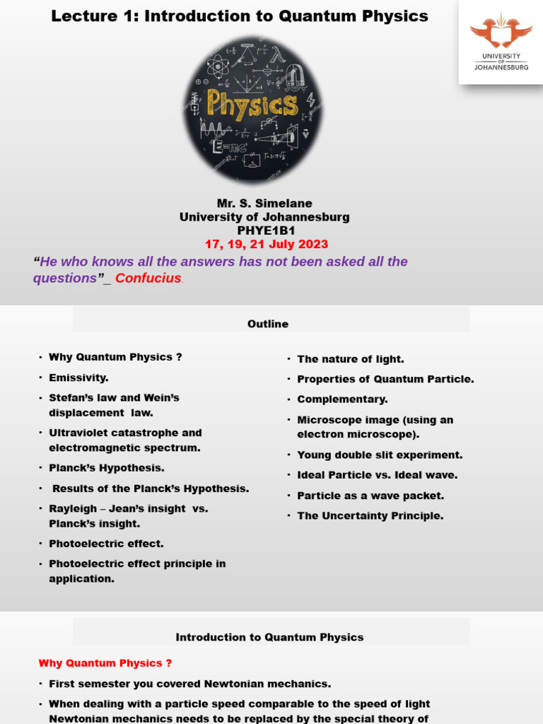 PHYE1B1-Lecture - 1 - Introduction To Quantum Physics | PDF