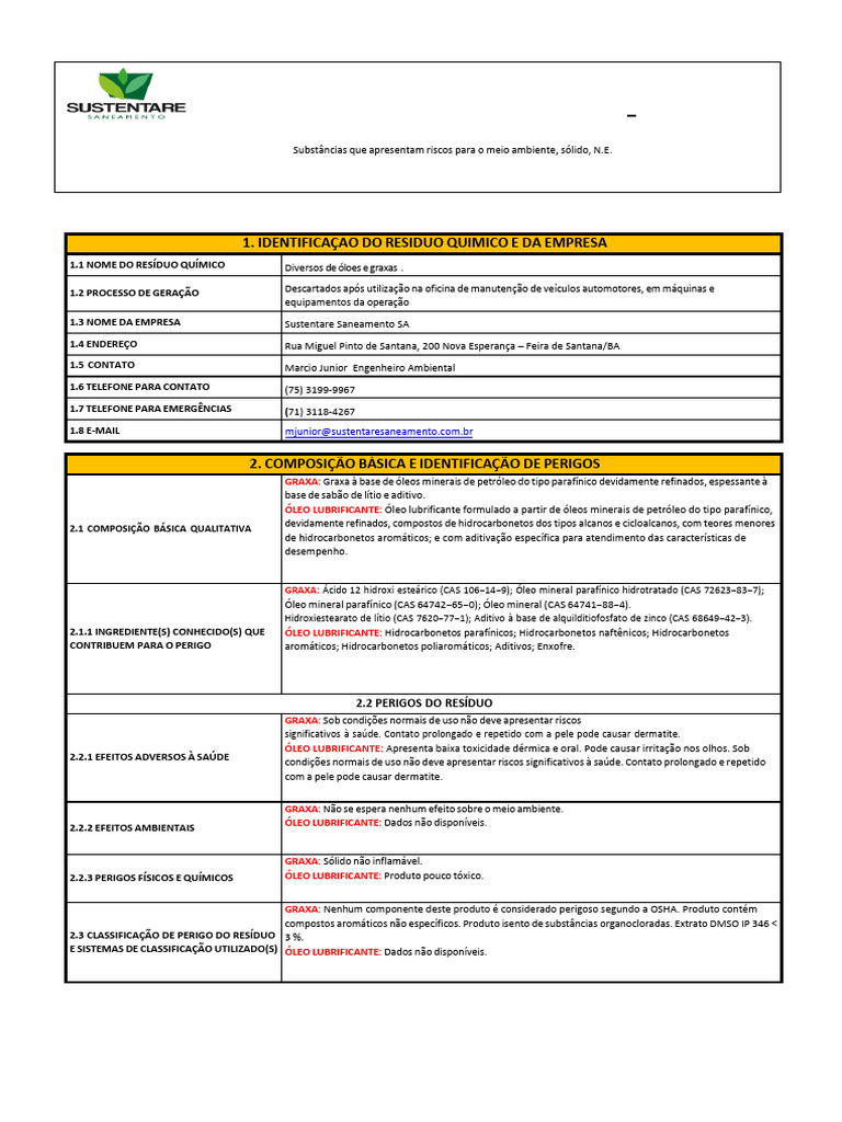 FDSR - Resíduos de Oleos e Graxas | PDF
