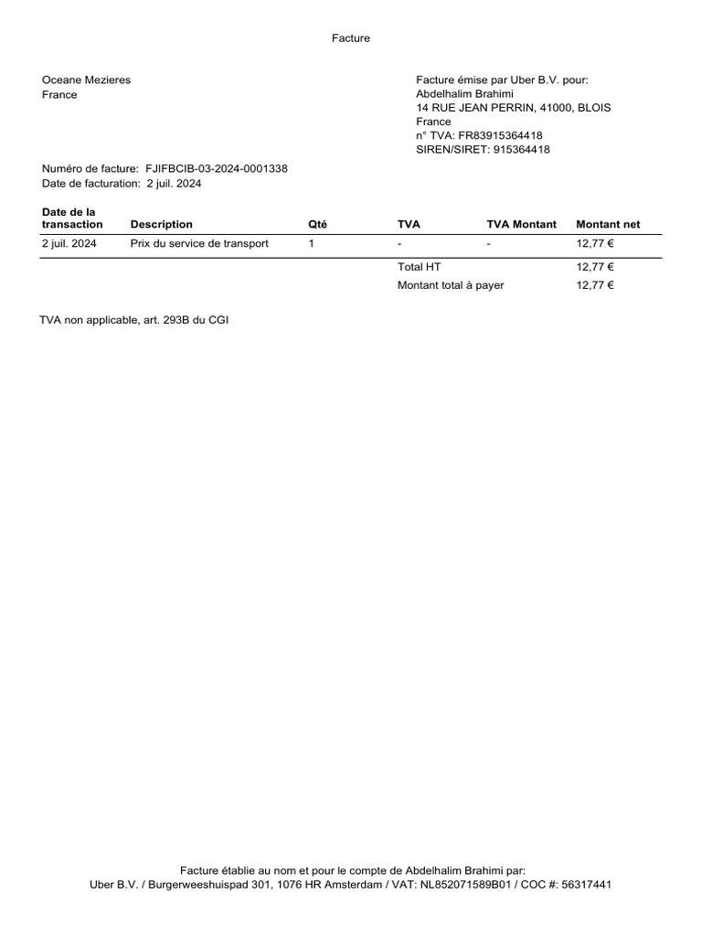 Facture Uber Blois | PDF