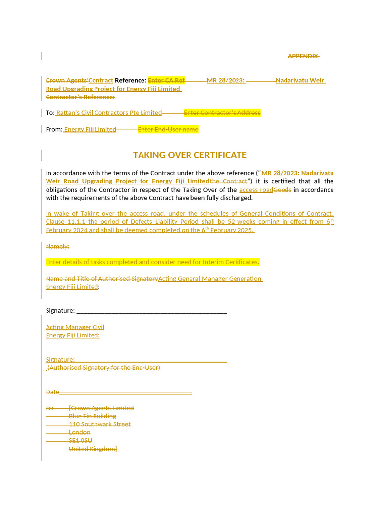 Taking Over Certificate | PDF