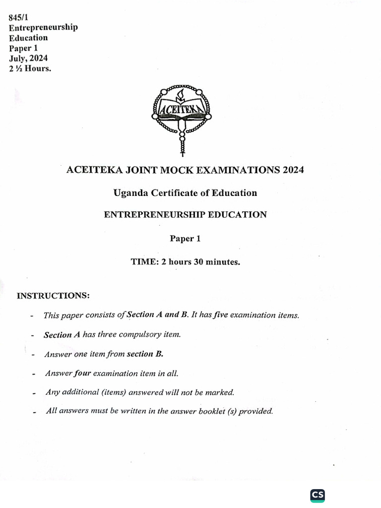 Aceiteka Joint Mock Uce Entrepreneurship P1 Past Paper 2024 PDF | PDF