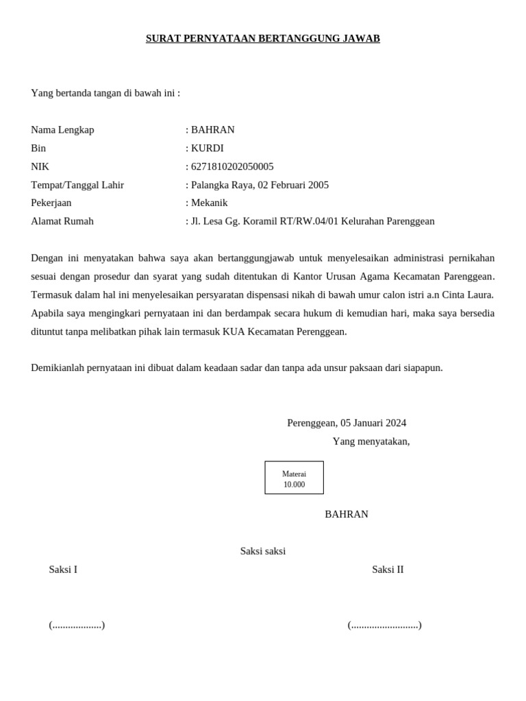 Surat Pernyataan Bertanggung Jawab - Bahran | PDF