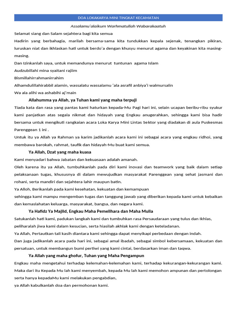Doa Lokakarya Mini TK Kecamatan | PDF