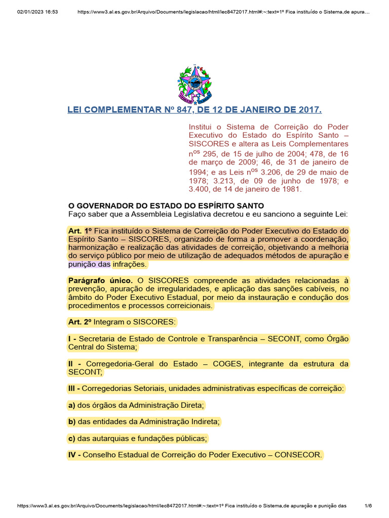 Lei Complementar Estadual Nº 847-2017 | PDF