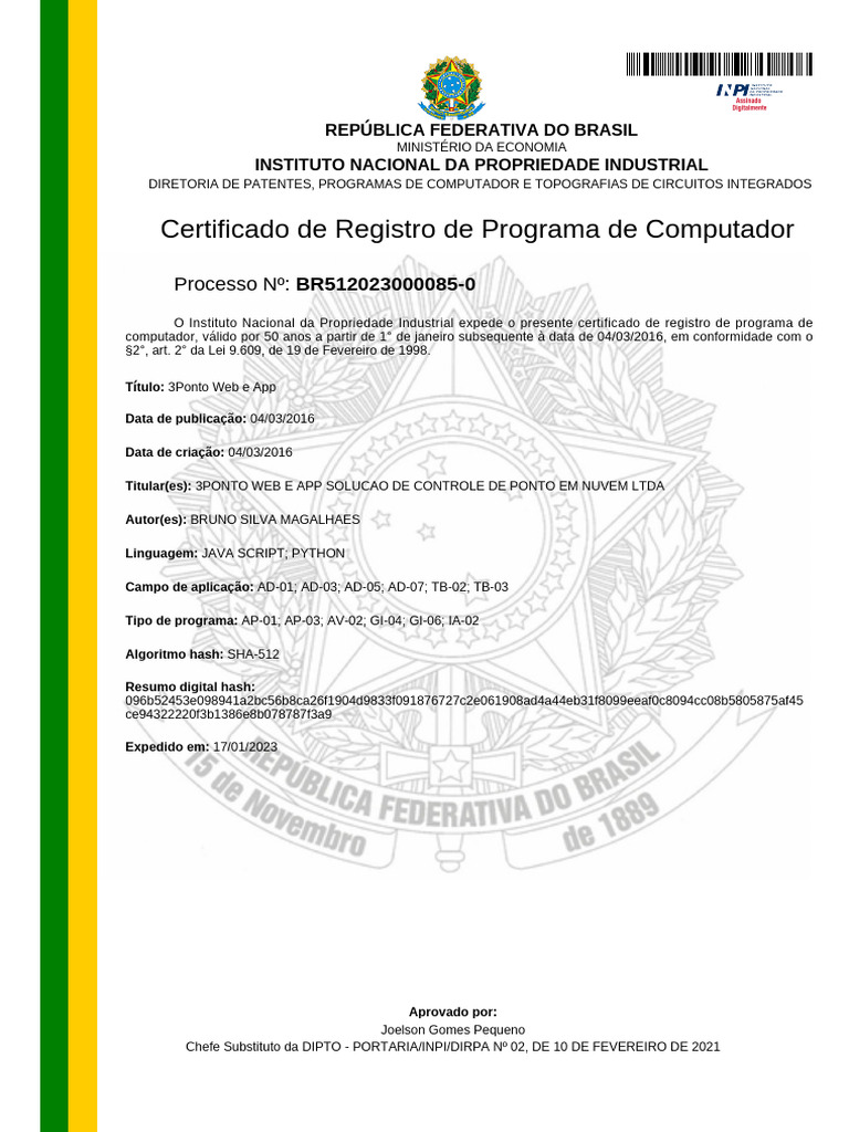 Certificado de Registro de Programa de Computador | PDF