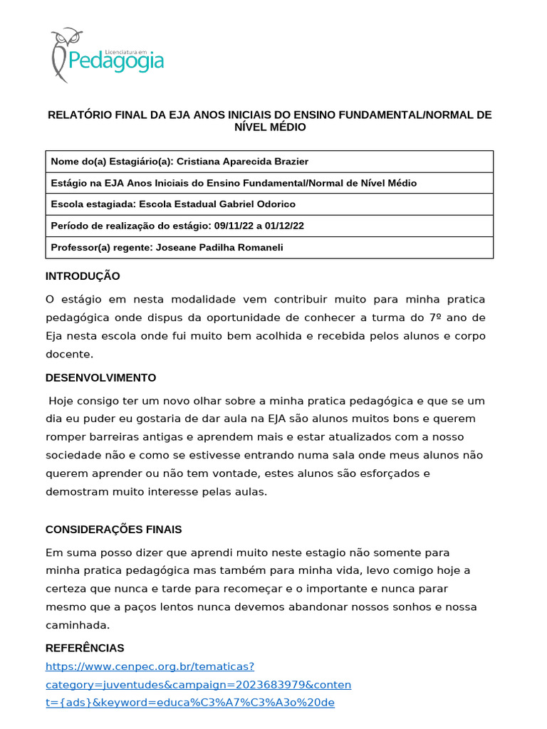 RELATÓRIO FINAL (EJA) | PDF