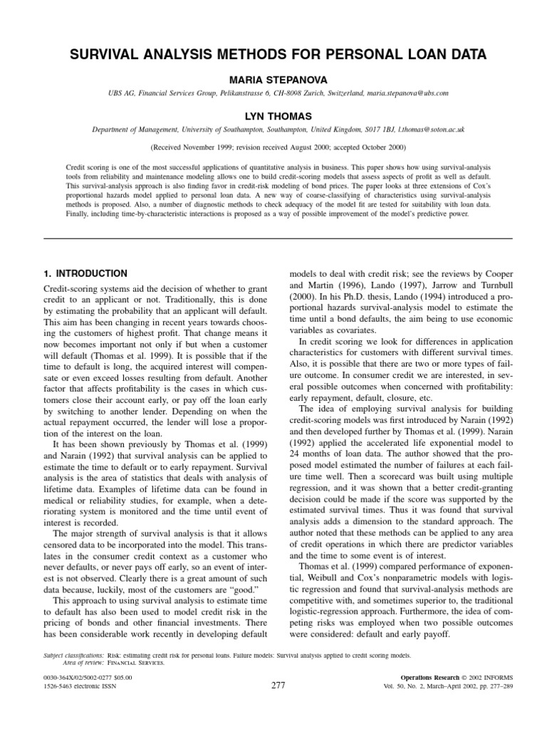 Survival Analysis Methods For Personal Loan Data - Stepanova, M. and ...