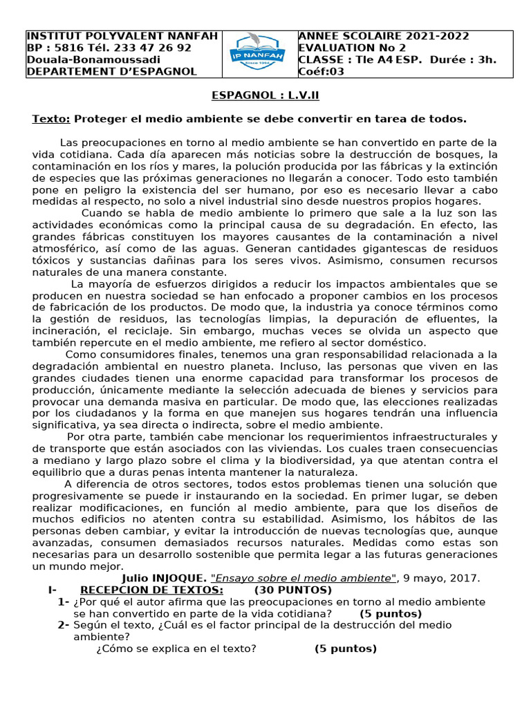 Eval 2 Espagnol 2021-2022 | PDF