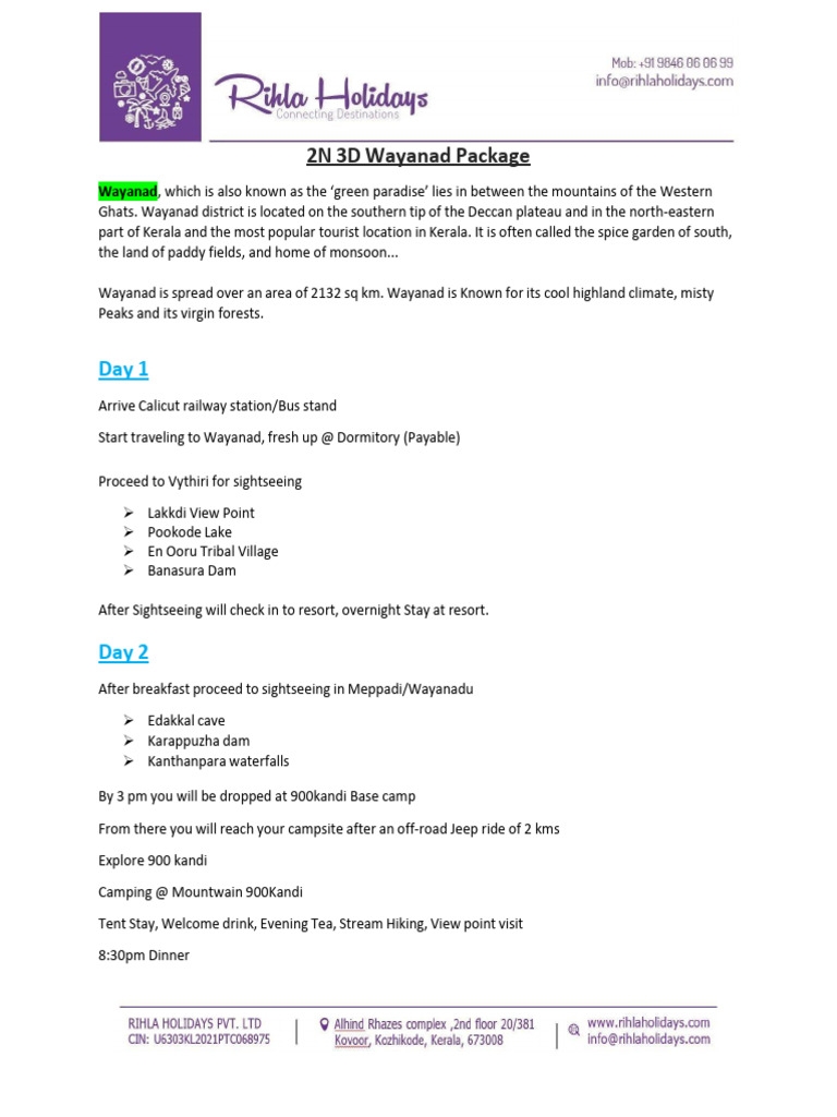 2N 3D Wayanad Package Itinerary 2024 | PDF