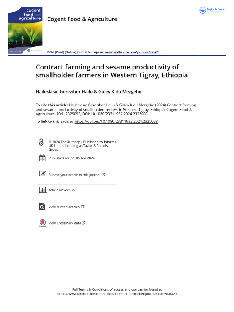 Contract Farming and Sesame Productivity of Smallholder Farmers in ...