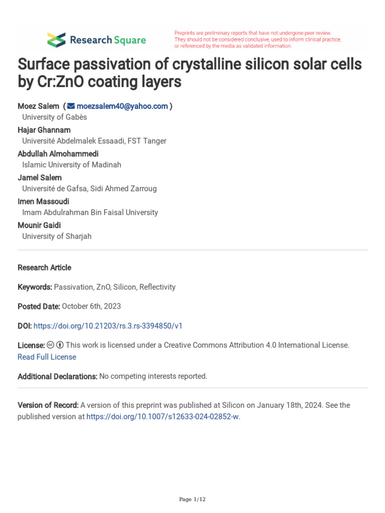 Surface Passivation of Crystalline Silicon Solar Cells by Cr:Zno ...